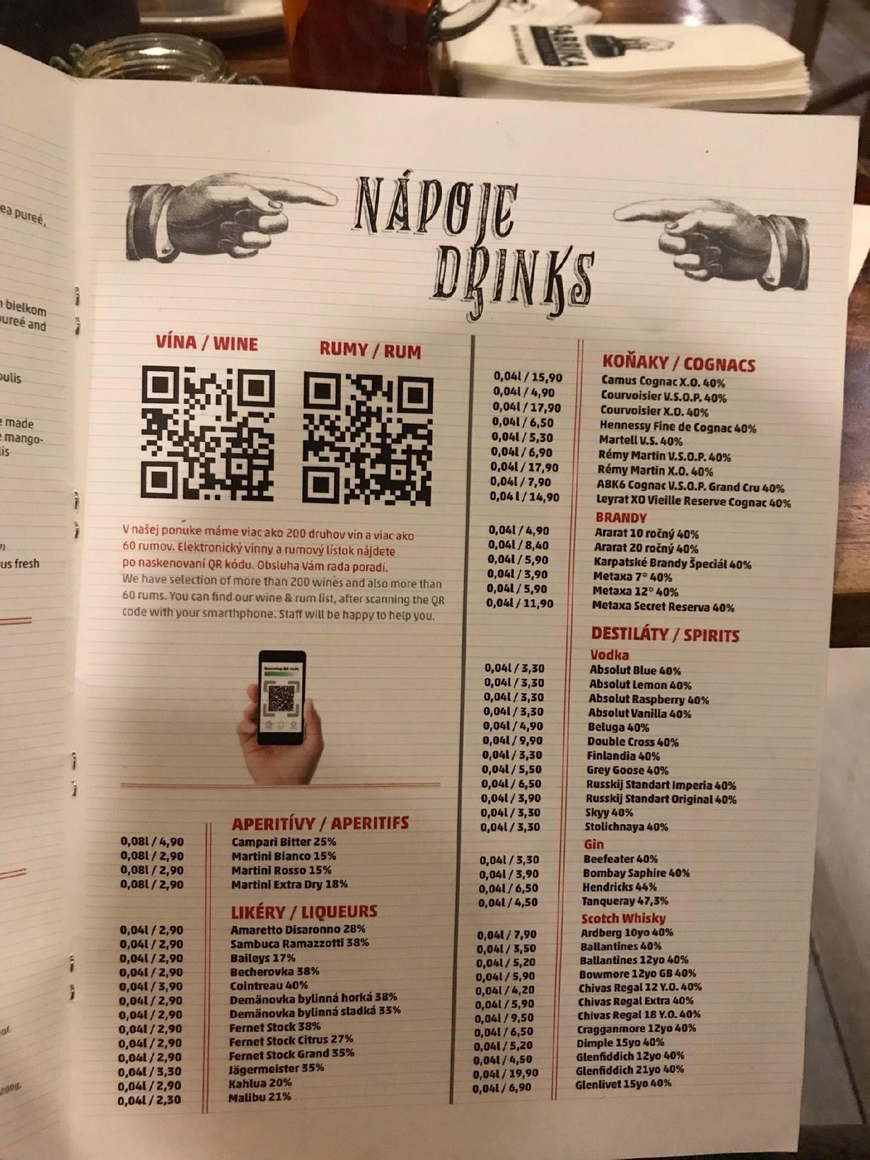 Menu at FABRIKA pub & bar, Bratislava