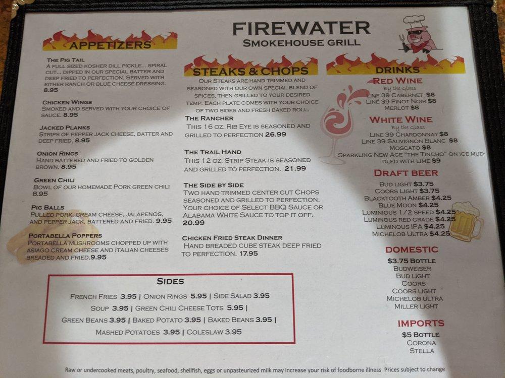 Menu at Firewater Smokehouse Grill BBQ, Sheridan