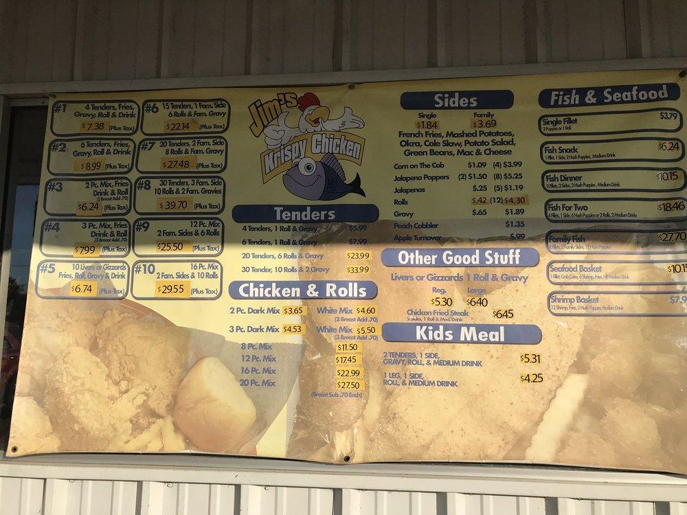 Menu at Jim's Krispy Fried Chicken restaurant, Bellmead