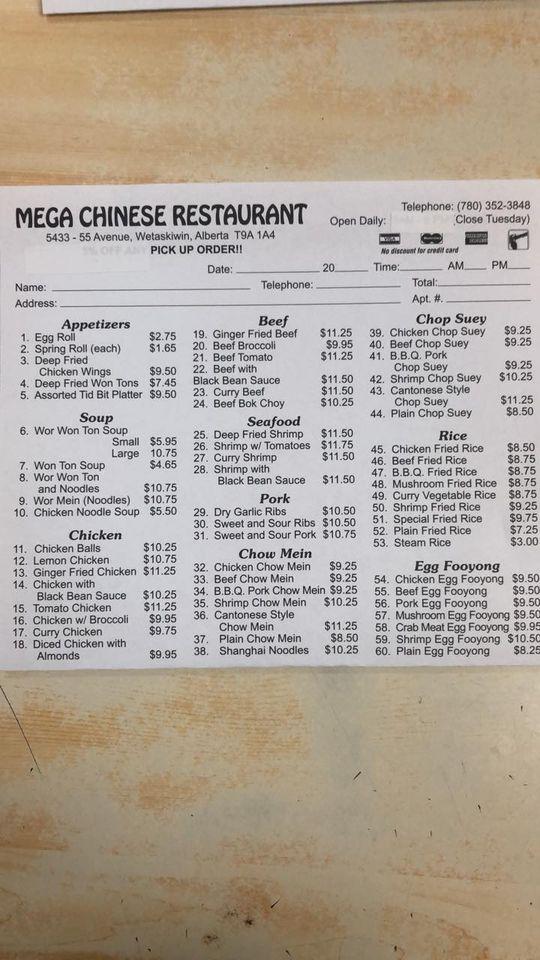 Menu at Mega Restaurant & Convenience Store, Wetaskiwin