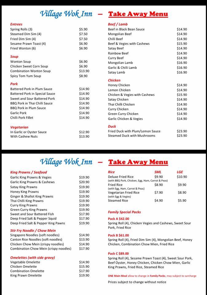 Menu at Village Wok Inn Chinese Restaurant, Calliope