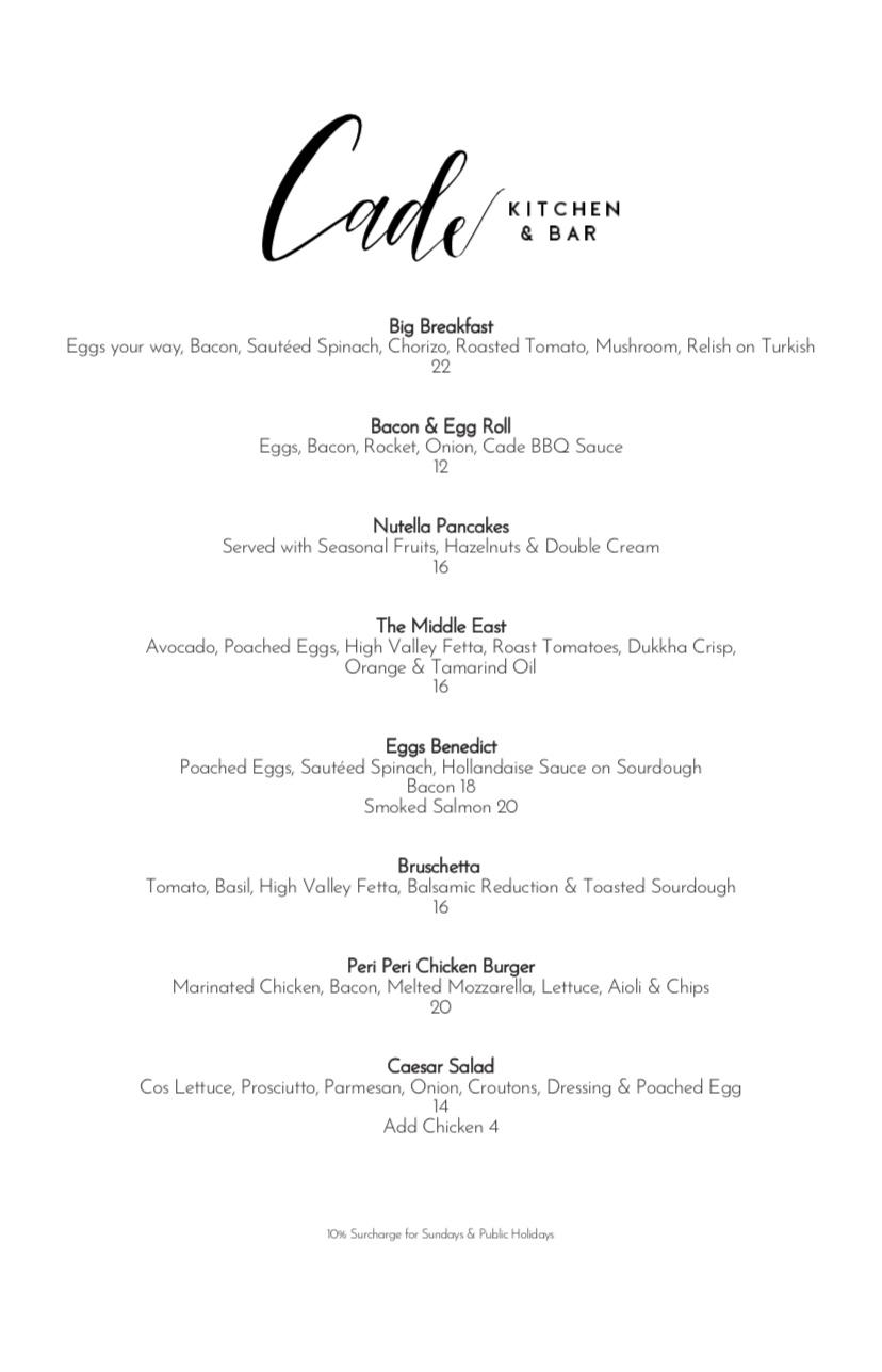 Menu at Cade Kitchen & Bar, Mudgee