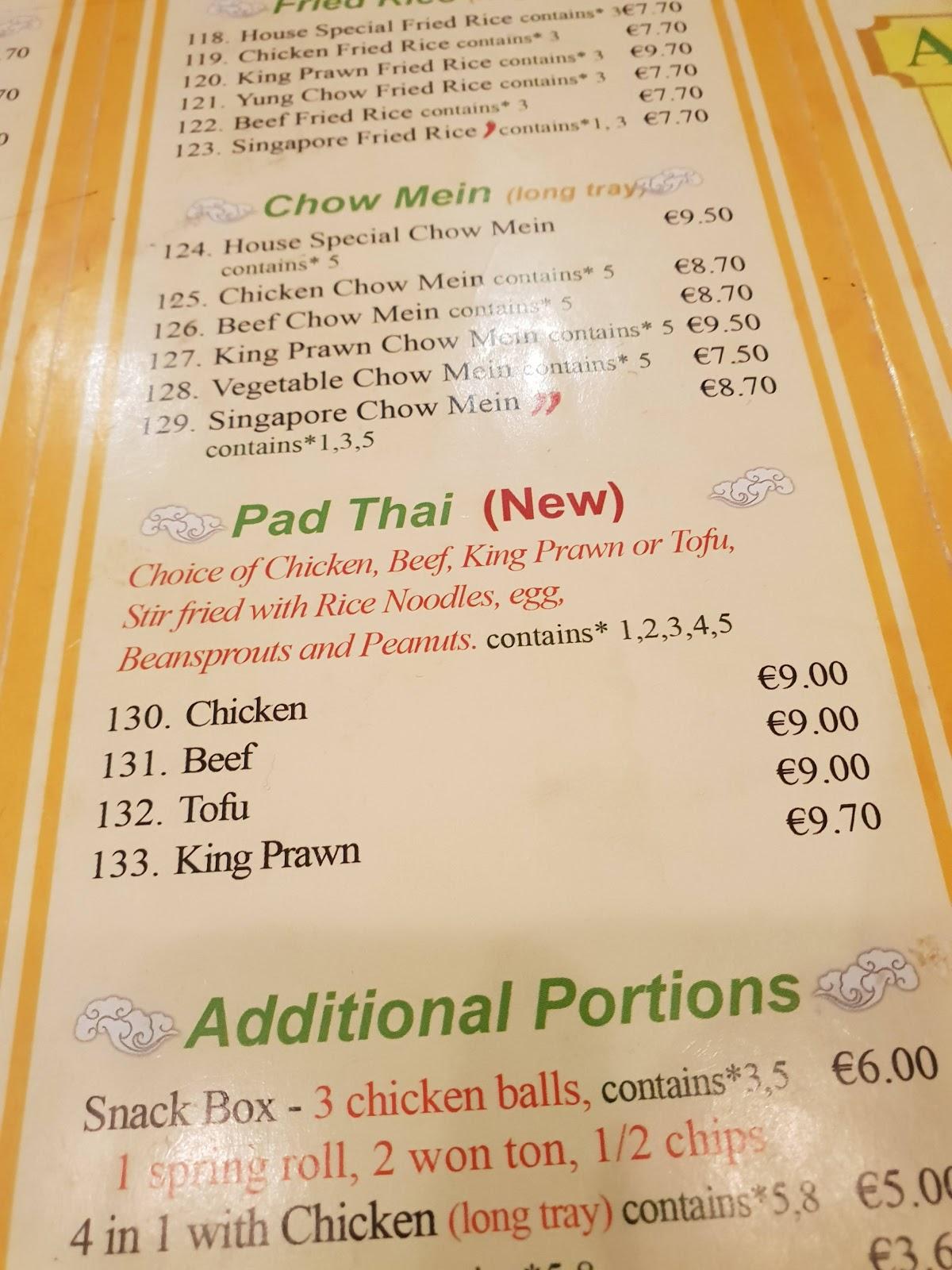 Menu at Chan's Chinese Take Away restaurant, Galway