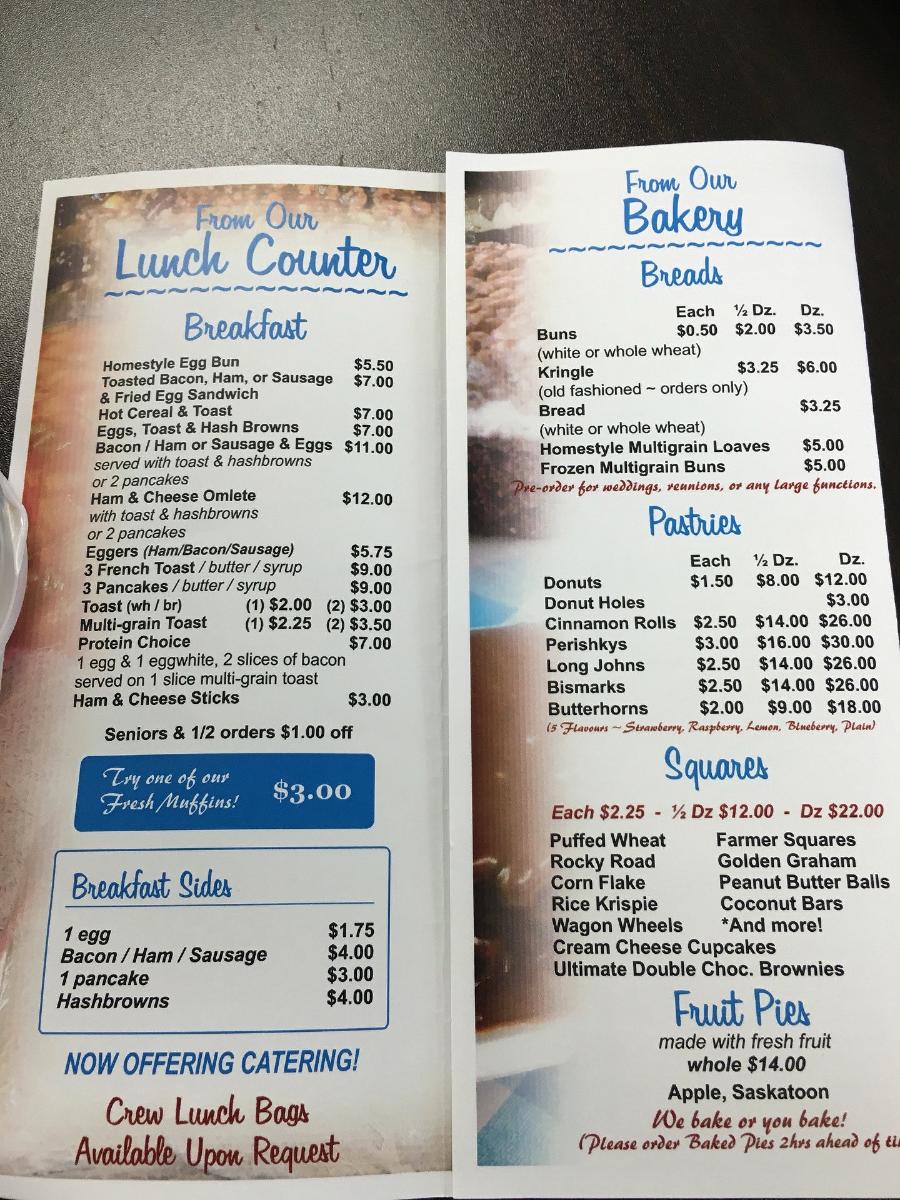 Menu at Homestyle Bakery & Lunch Center, La Crête