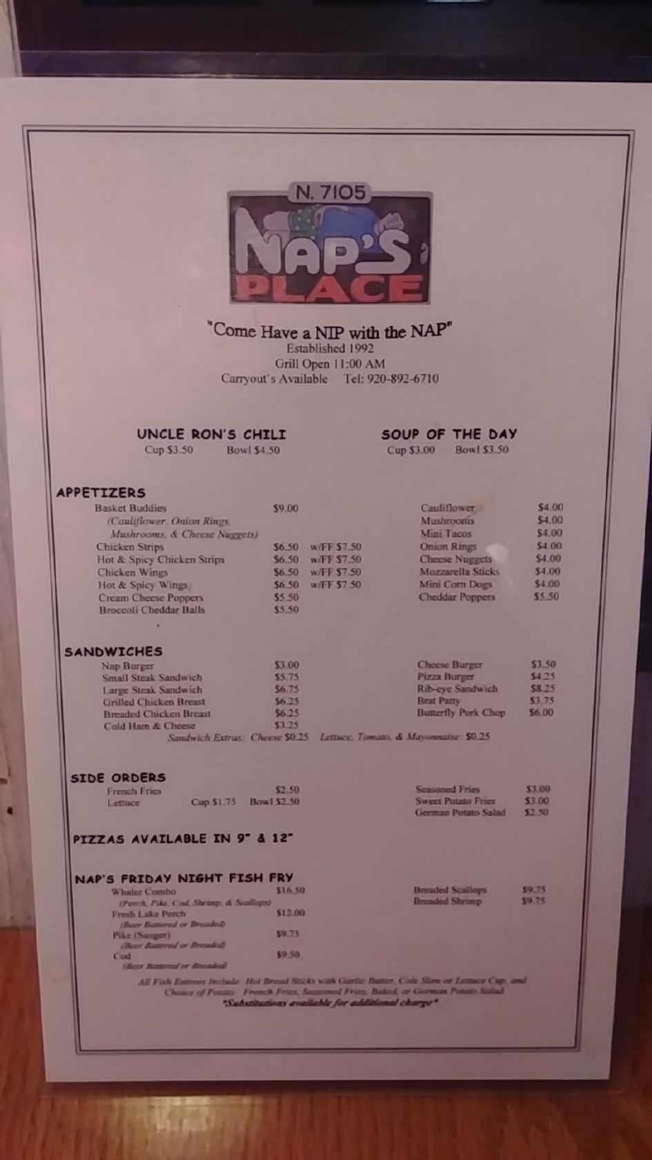 Menu at Nap's Place pub & bar, Plymouth