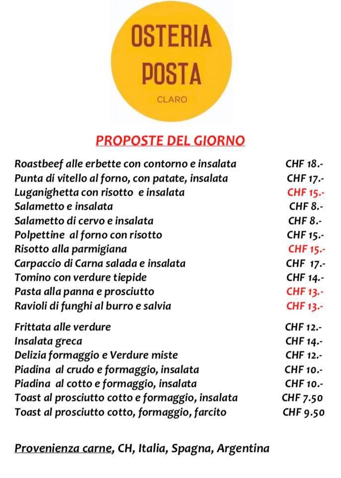 Menu at Osteria della Posta - Claro, di Fabrizio Ferracini, Claro, A ...