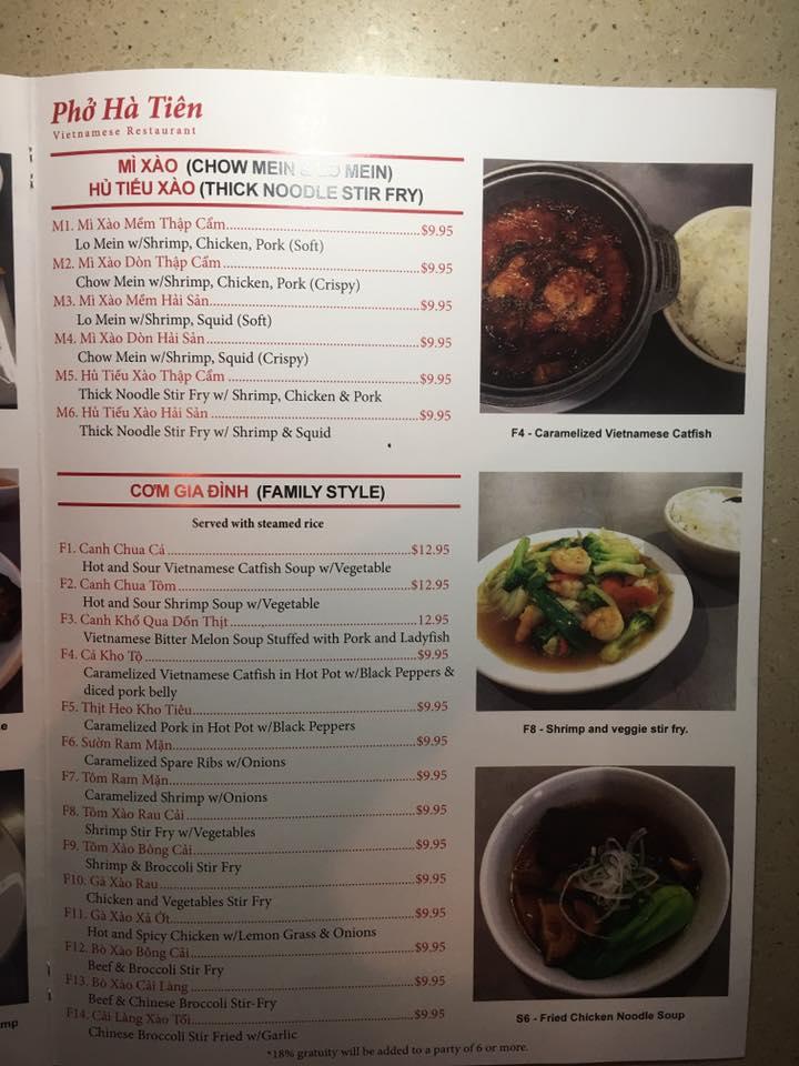 Menu at Pho Ha Tien restaurant, Pinellas Park