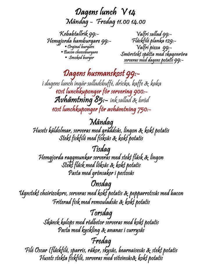 Menu at Trattoria Gyttorp restaurant, Sweden