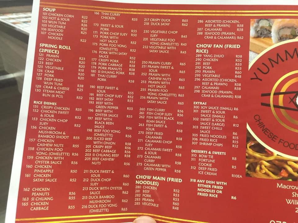 Menu at Yummy Sushi restaurant, Klerksdorp