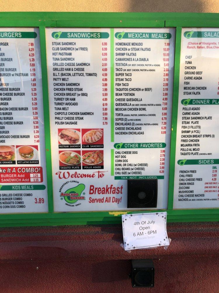 Menu at Avocado Burger restaurant, Moreno Valley