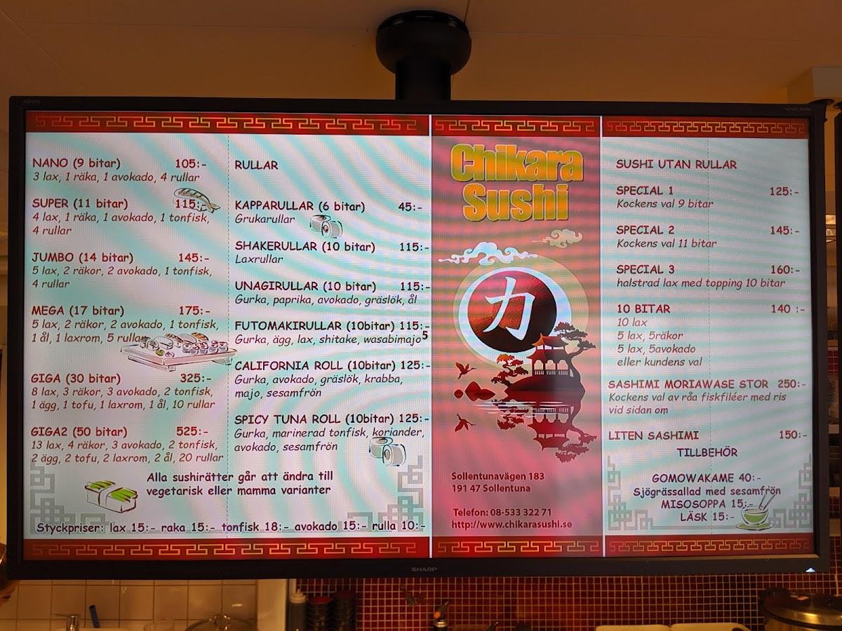Menu at Chikara Sushi restaurant, Sollentuna