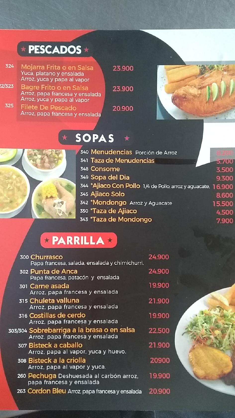 Carta del restaurante La Chispa al Rojo Modelia, Bogotá, Calle 24D # 80B 39