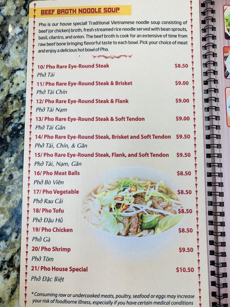 Menu at Pho Hong restaurant, Lockhart