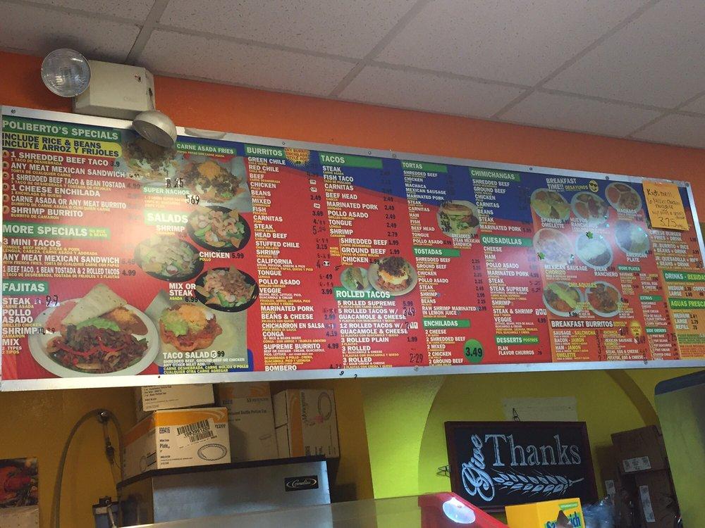 Menu at Poliberto’s restaurant, Tempe, W Baseline Rd