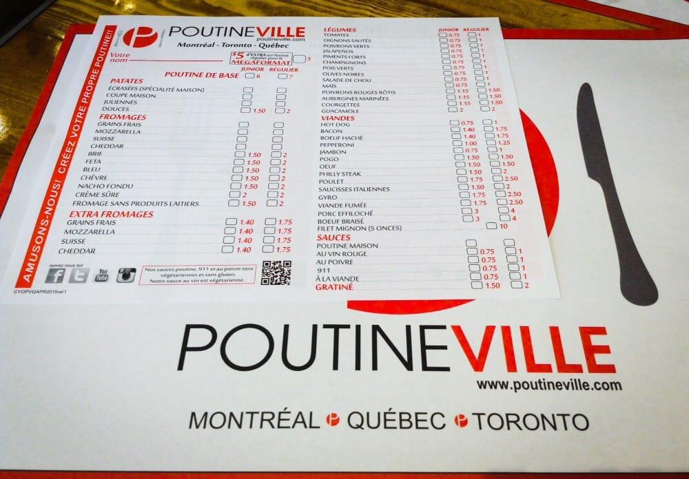 Menu at Poutineville restaurant, Québec City
