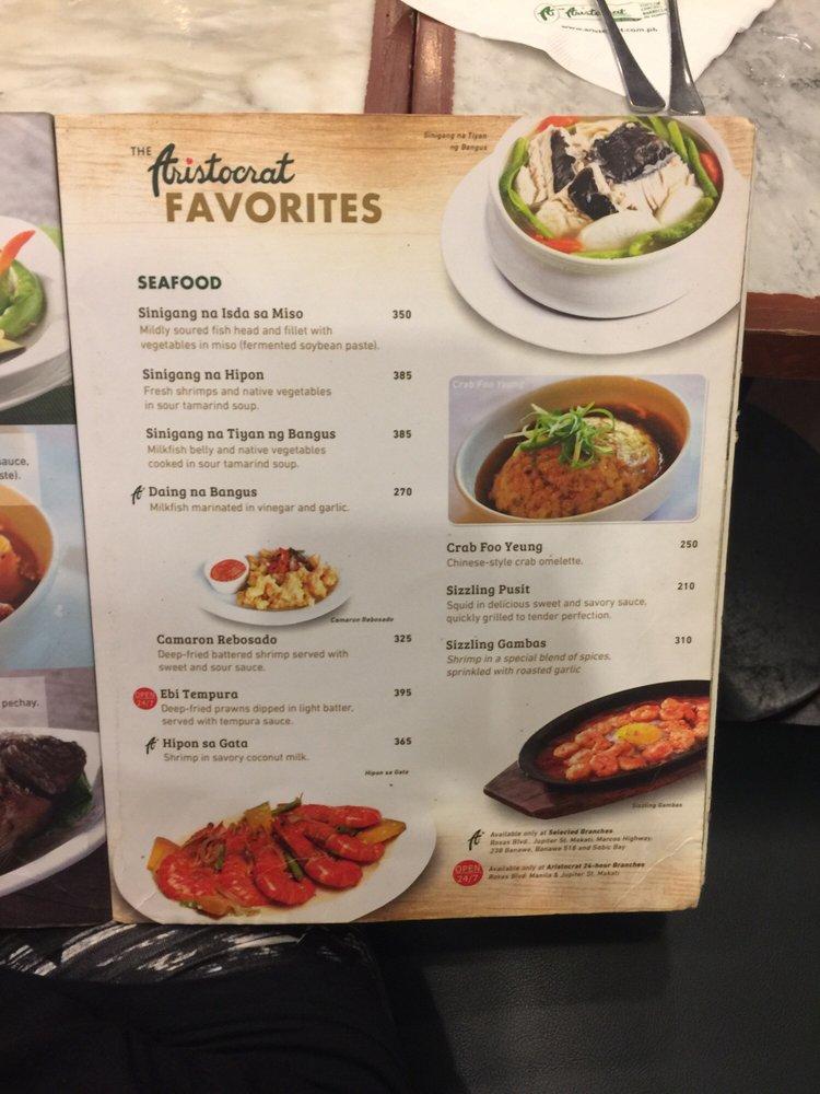 Menu at The Aristocrat Restaurant, Manila, 1004 San Andres St