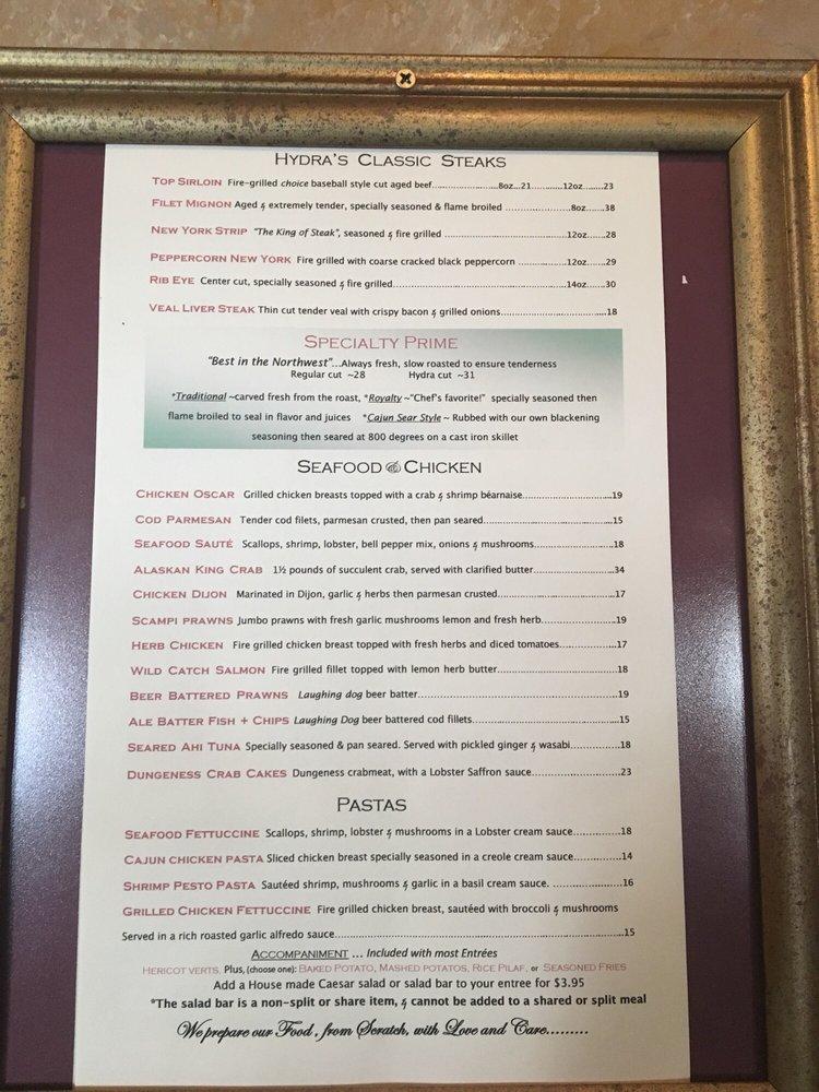 Menu at The Hydra Steakhouse, Sandpoint