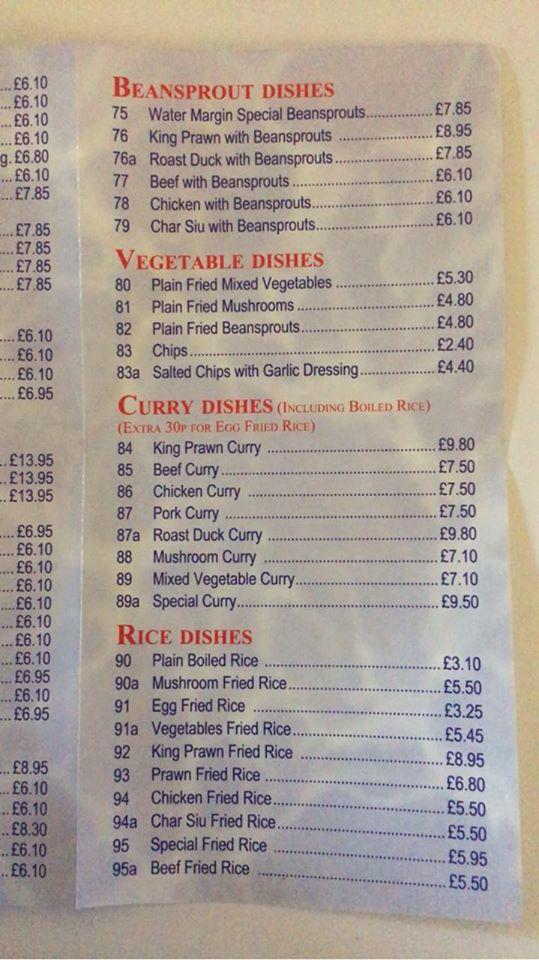 Menu at The Water Margin restaurant, Witney