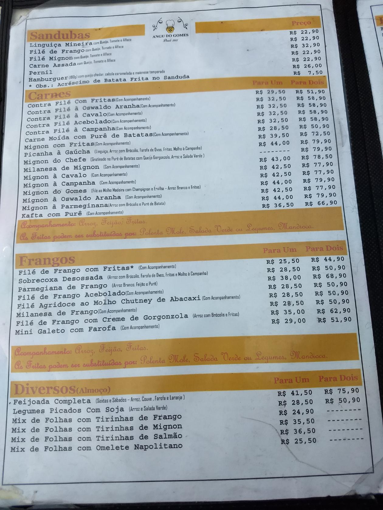 Menu em Angu do Gomes restaurante, Rio de Janeiro, R. Sacadura Cabral
