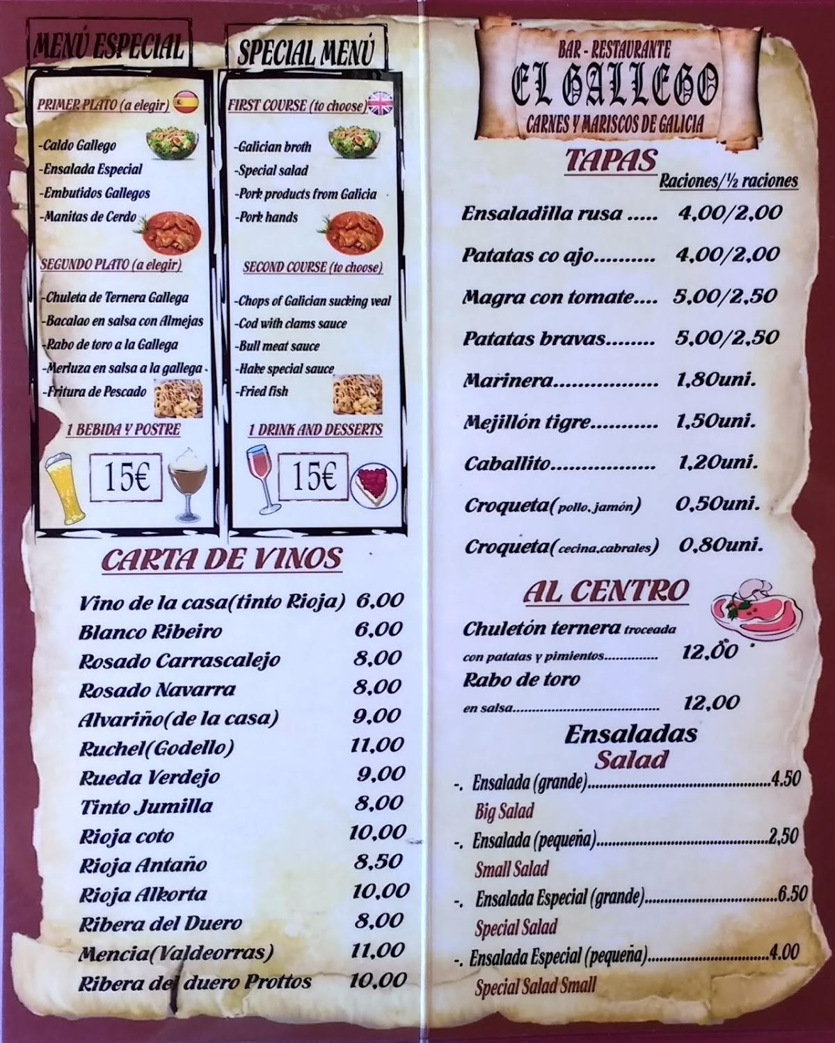 Carta del restaurante El Gallego, San Javier
