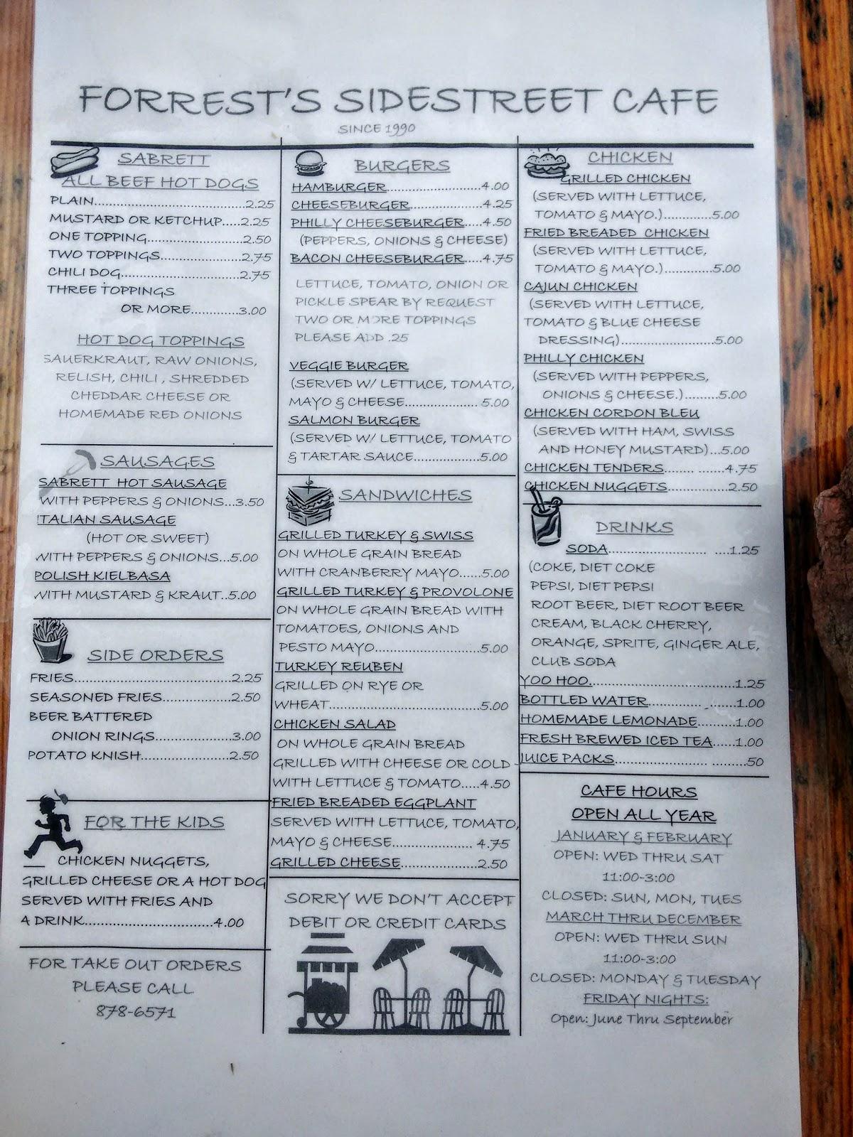 Menu at Forrest Sidestreet Cafe, Patterson