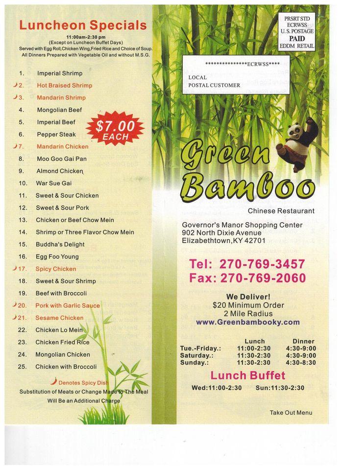 Menu at Green Bamboo Chinese Restaurant, Elizabethtown