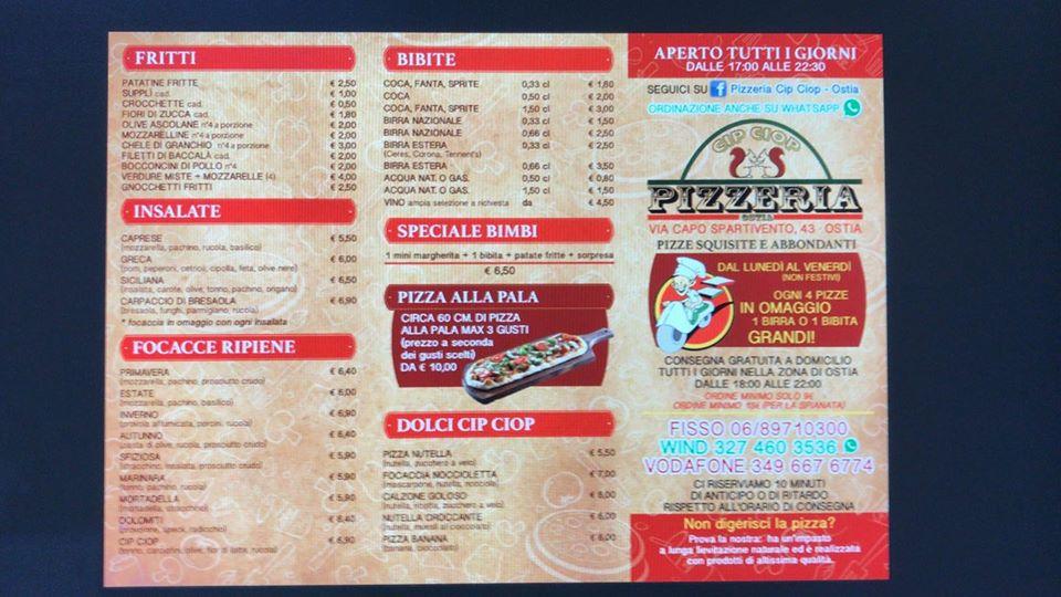 Menu da Pizzeria CipCiop Ostia, Lido di Ostia