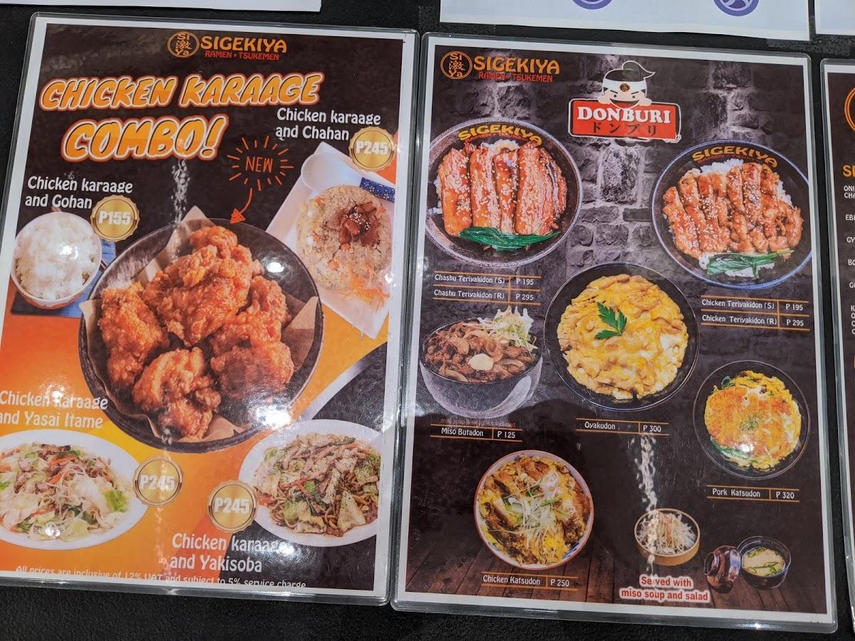 Menu at Sigekiya Ramen restaurant, Pasig
