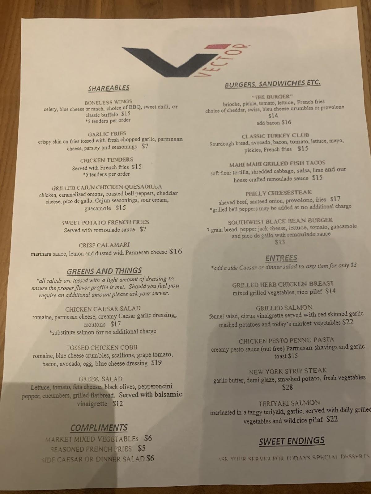 Menu at Vector Restaurant at the Sheraton, Philadelphia
