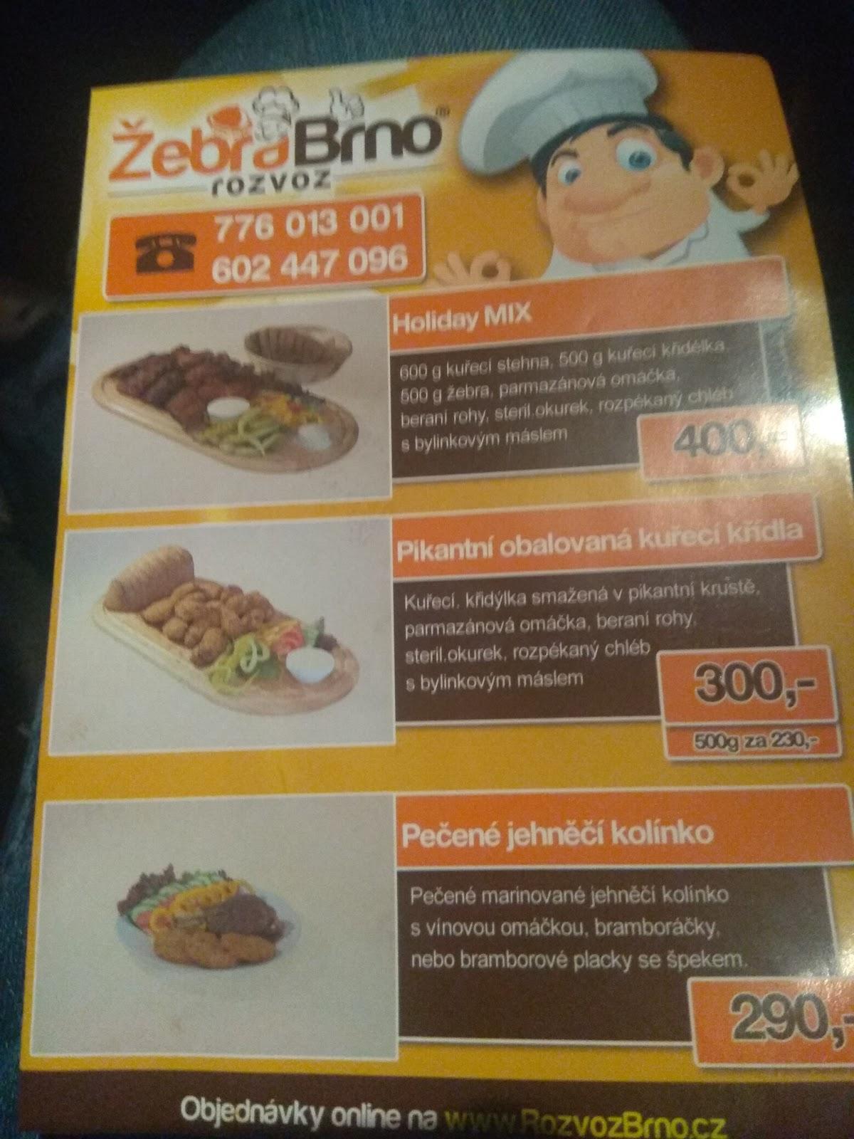 Menu at Žebra Brno restaurant, Brno