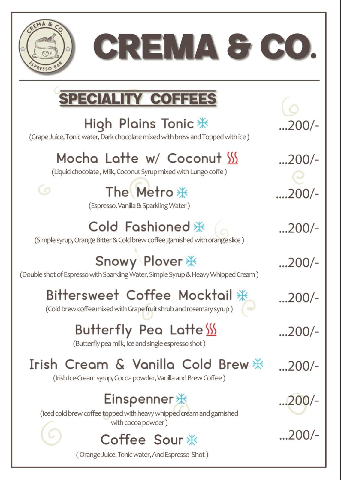 Menu at Crema & Co., Pune, Joshi hosital lane