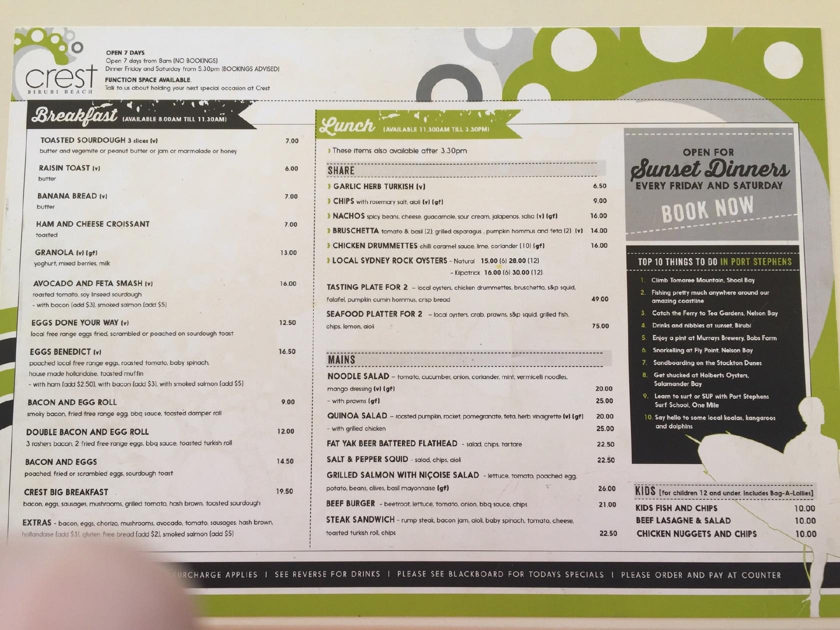 Menu at Crest Birubi Beach restaurant, Anna Bay