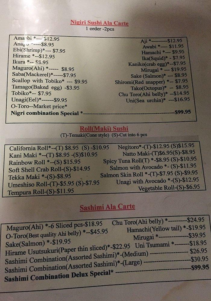 Menu at Akasaka restaurant, Honolulu
