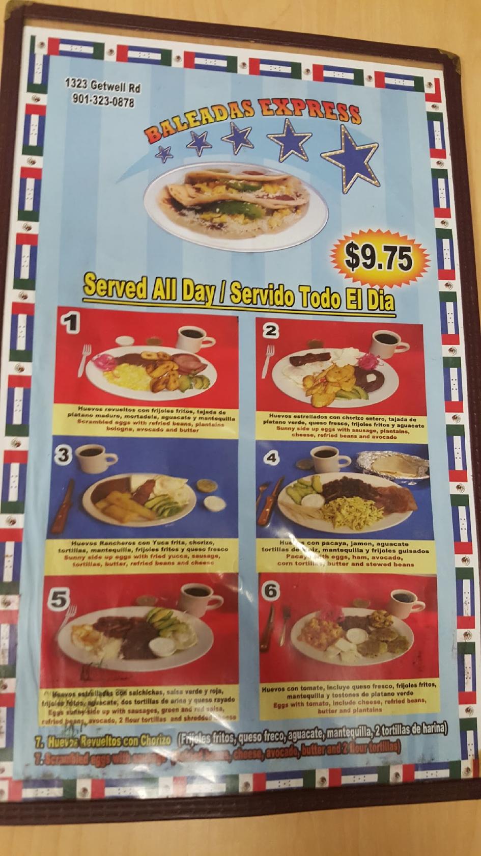 Menu at Baleadas Express Almas restaurant, Memphis