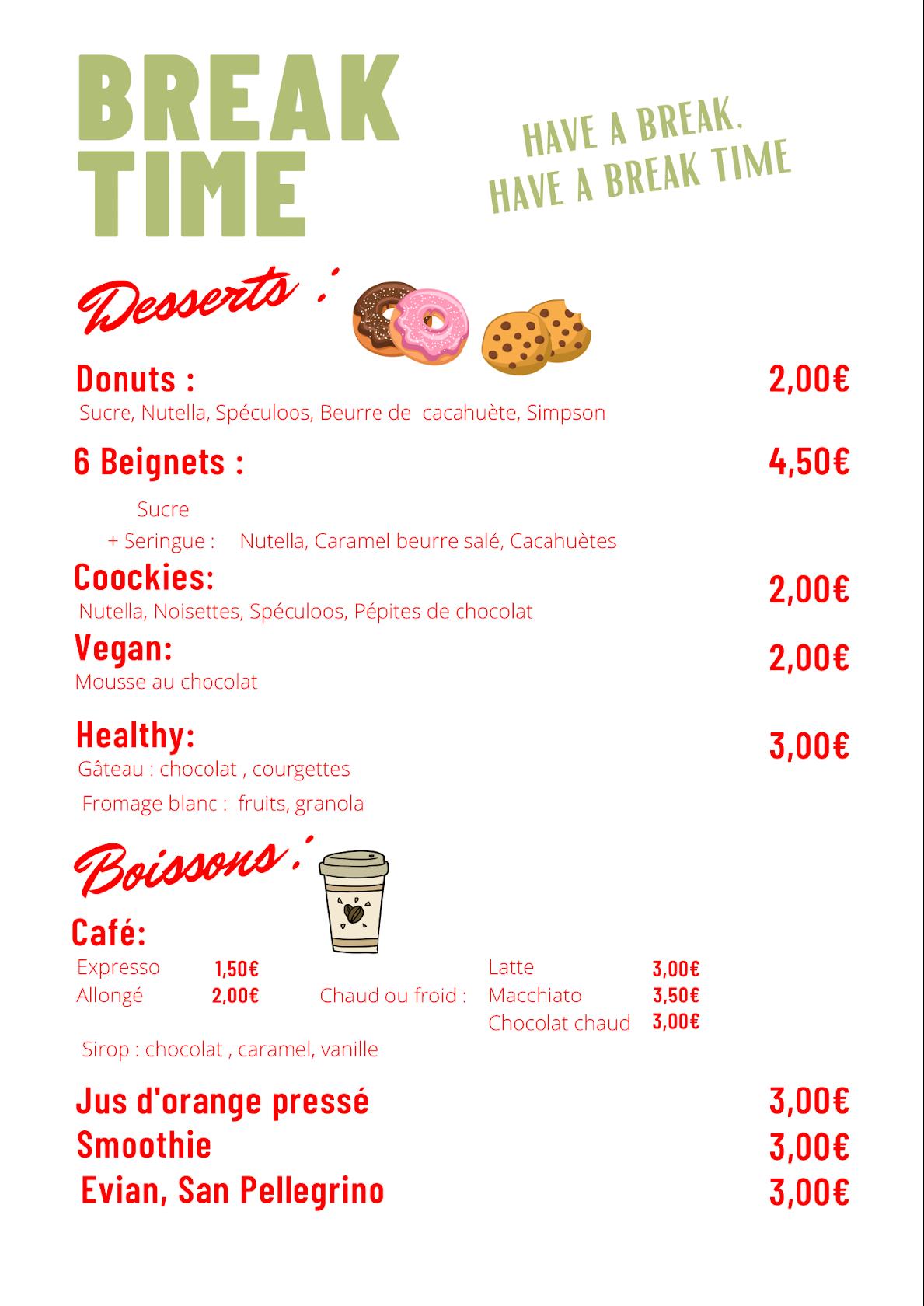 Menu au Break Time restaurant, Compiègne