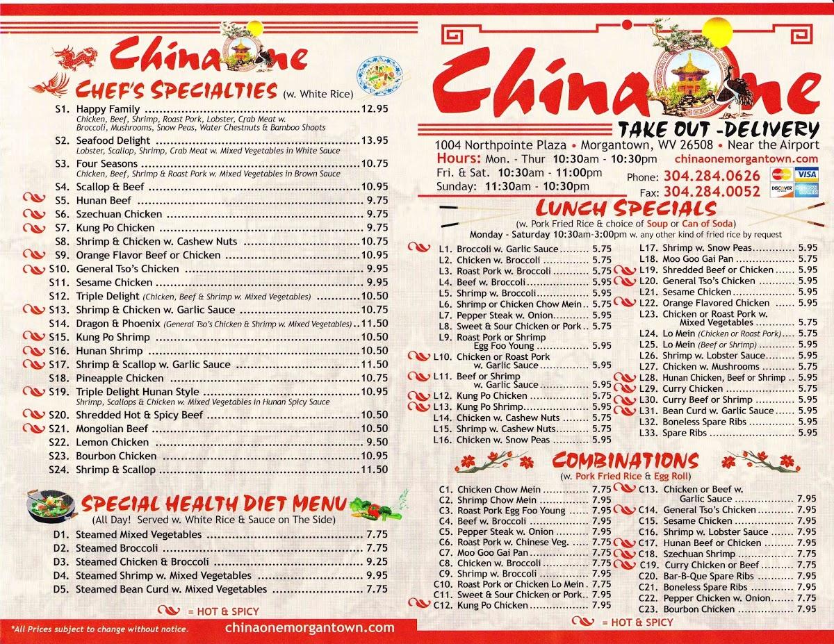 Menu at China One restaurant, Morgantown, Northpointe Plaza