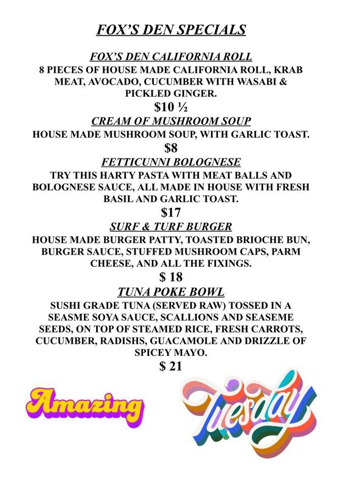 Menu at Fox's Den Bar & Grill, Williams Lake