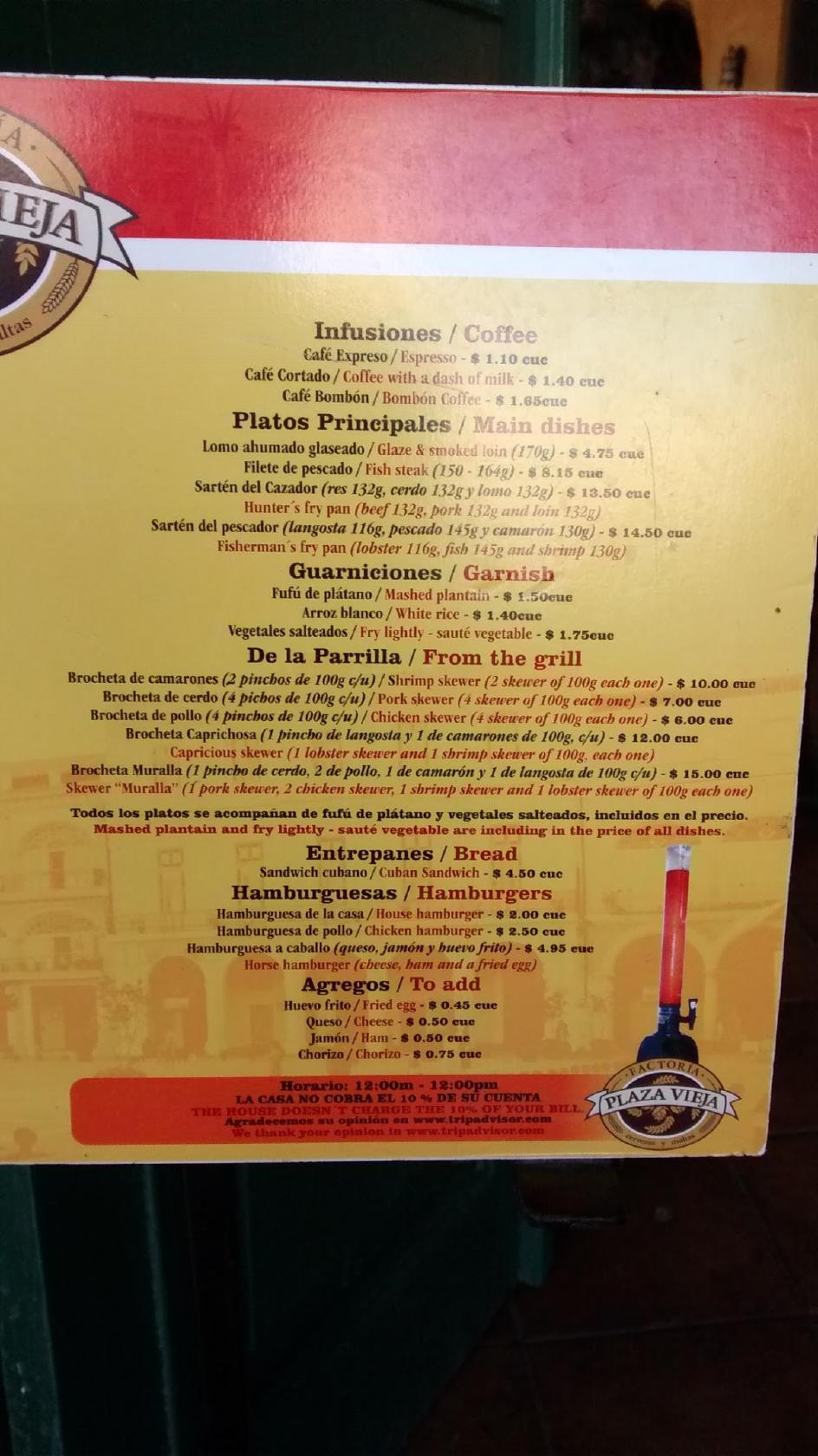 Menu at La Taberna de La Muralla pub & bar, Havana, 4JPX+7VQ