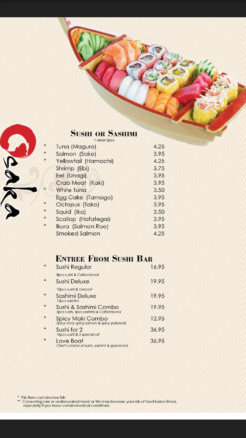 Menu at Osaka steakhouse and sushi bar, Muscatine