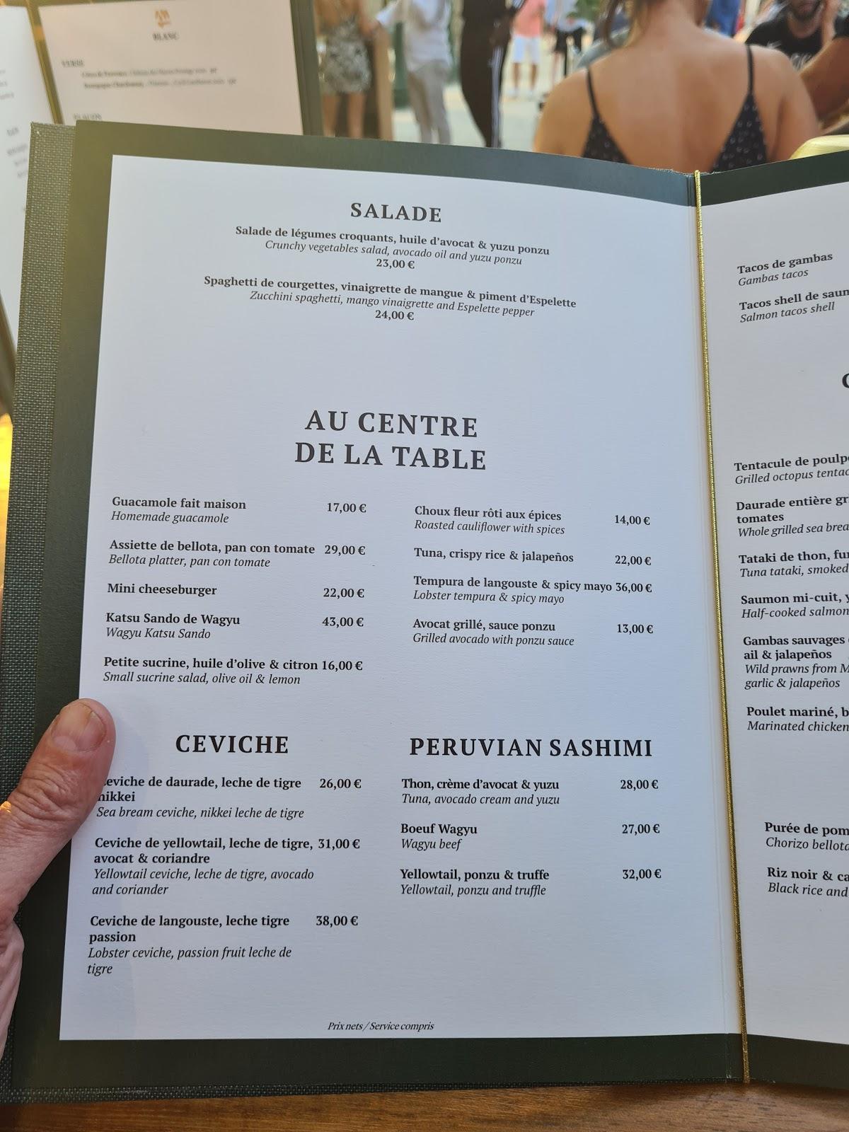 Menu at Pablo restaurant, Saint-Tropez