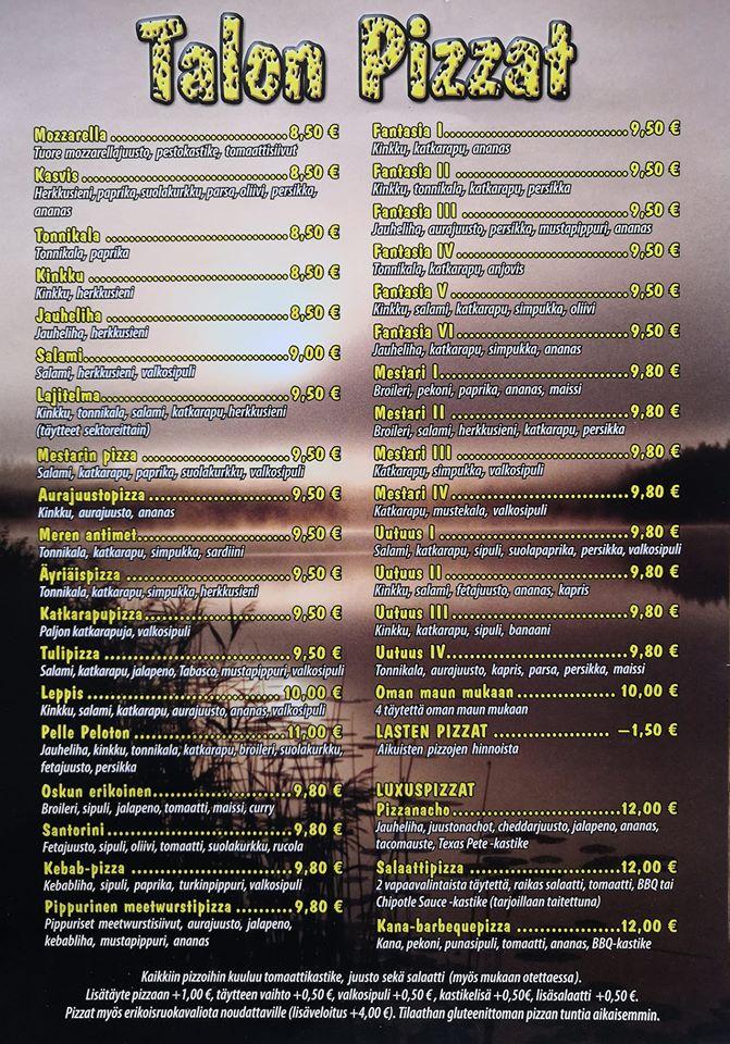 Menu at Pizzamestarit pizzeria, Nokia, Välikatu 14