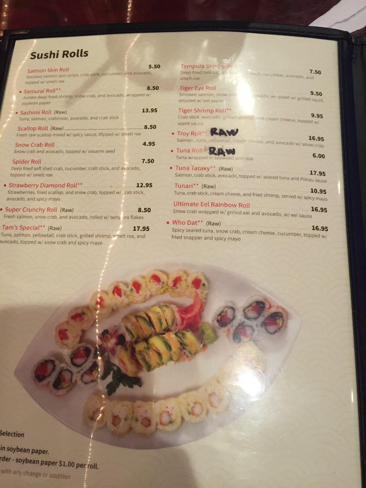 Menu at Samurai Sushi Bar Two, Broussard