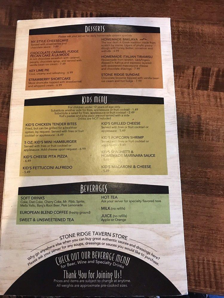 Menu at Stone Ridge Tavern restaurant, Asheville
