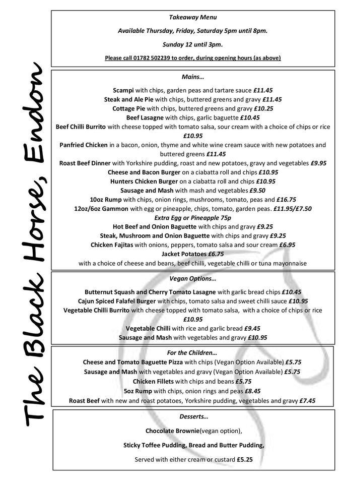 Menu at The Black Horse, Endon pub & bar, Stoke-on-Trent