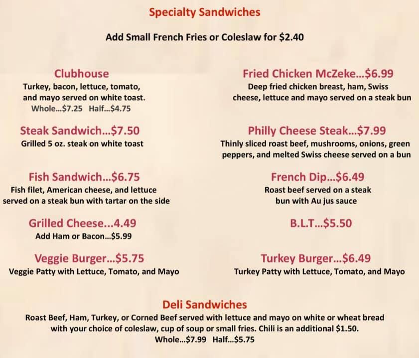 Menu at Zeke's Place restaurant, Bloomington
