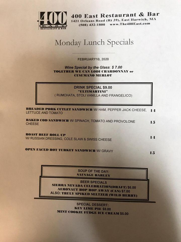 Menu at 400 East Restaurant, Harwich