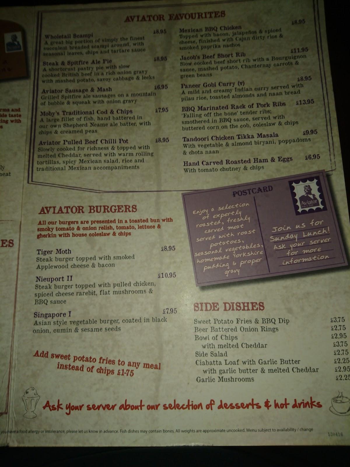 Menu at Aviator pub & bar, Sheerness