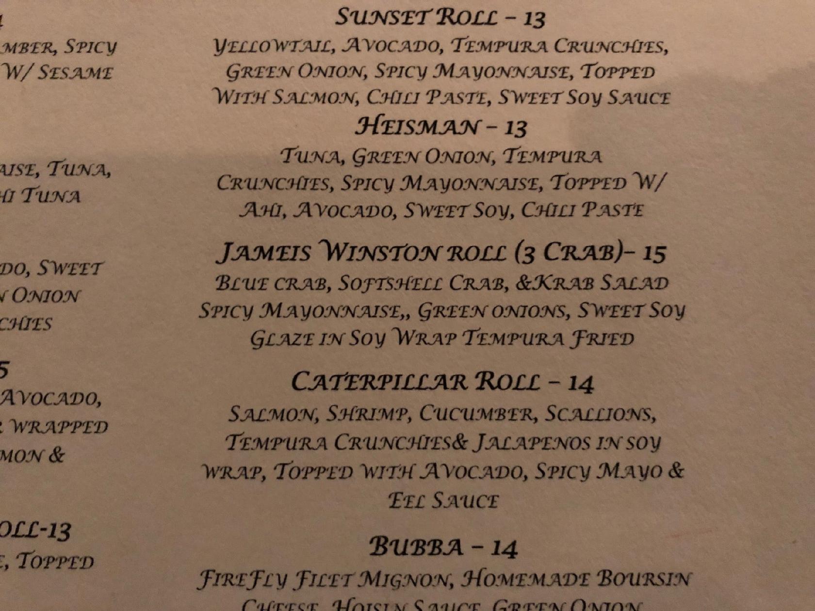 Menu at Firefly restaurant, Panama City Beach