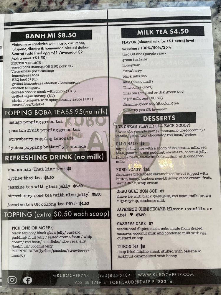 Menu at Kubo Cafe, Fort Lauderdale