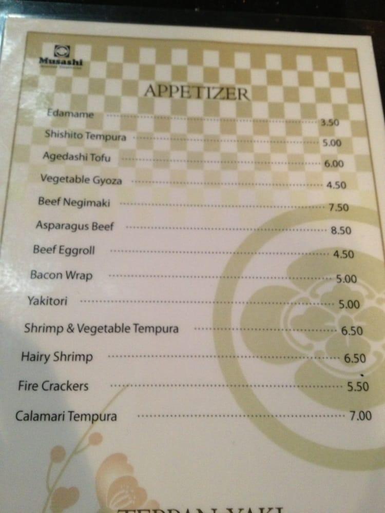 Menu at Musashi Japanese Steakhouse, Las Vegas